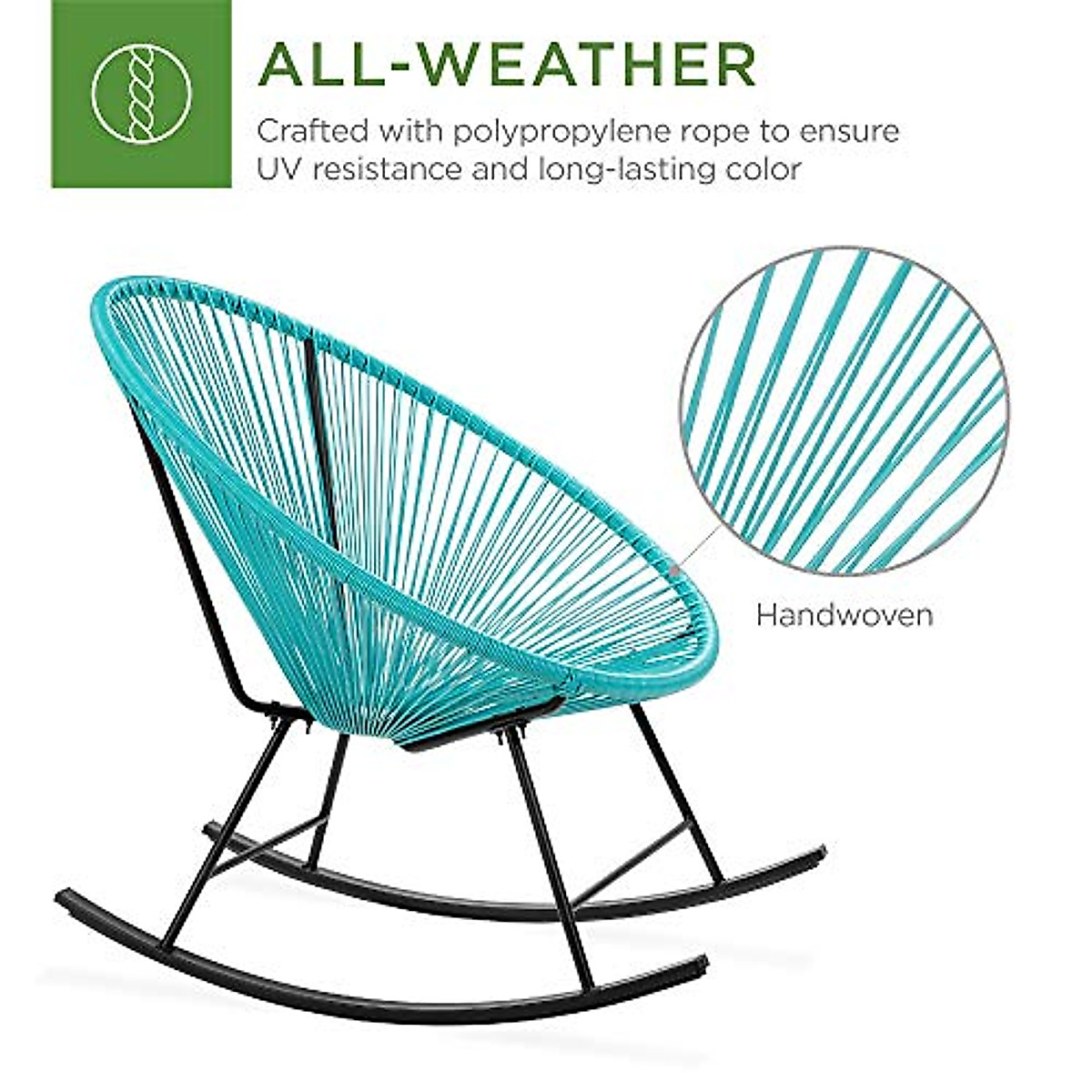 Best Choice Products 3-Piece Outdoor Acapulco All-Weather Woven Rope Patio Conversation Bistro Set w/Glass Top Table and 2 Rocking Chairs - Blue