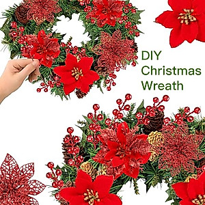 Sggvecsy 30 Pcs 3 Styles Christmas Glitter Poinsettia Flowers Artificial Berry Picks Christmas Tree Ornaments Artificial Christmas Flowers with Clips for Xmas Wedding Wreath Floral Decorations(Red)