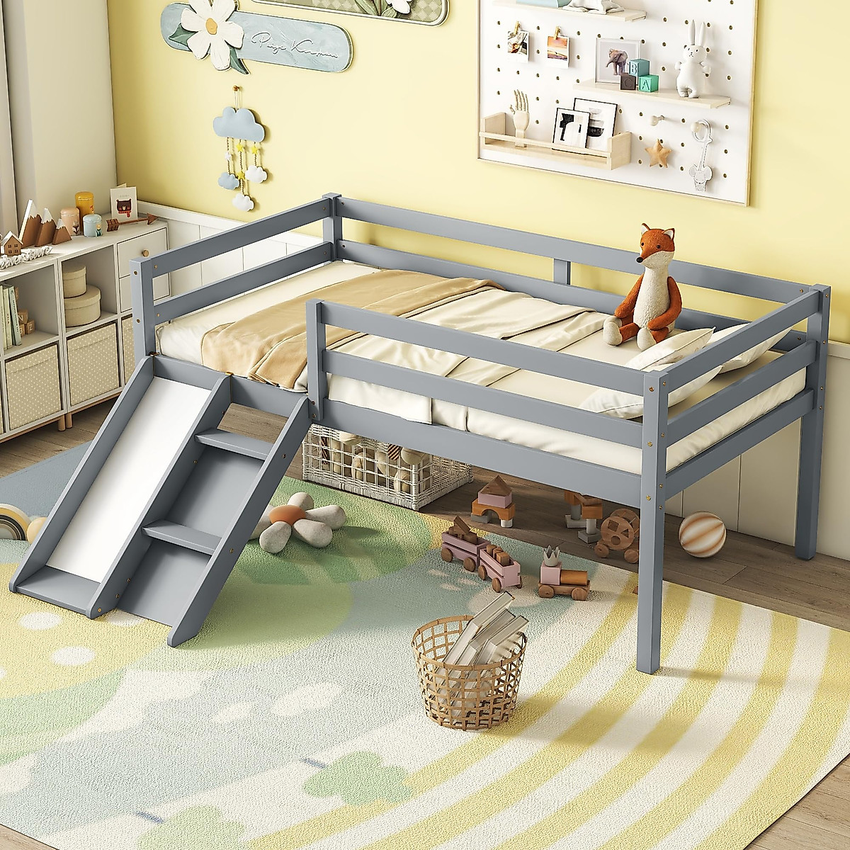 Twin Low Loft Bed with Slide, Ladder & Safety Guardrails, Wood Loft Bed Frame for Kids Teens Boys & Girls, No Box Spring Needed,Grey