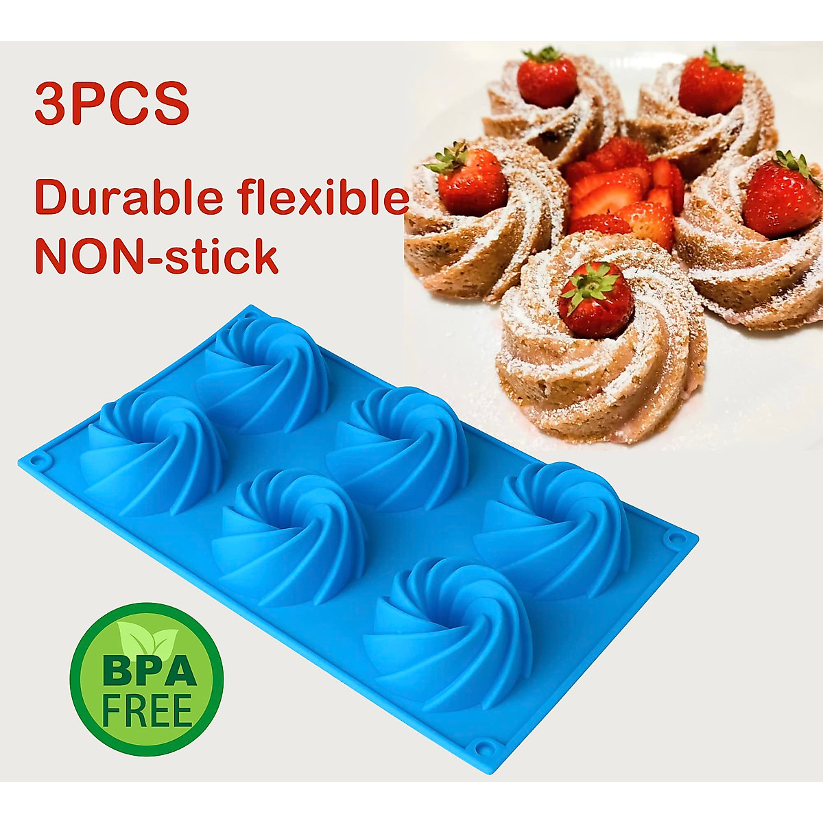 3PCS Mini Bundt Cake Pan, 6Cavity Heritage Bundtlette Cake Silicone Mold for Baking,Non Stick Fancy Molds for Fluted Tube Cake (Bundt)