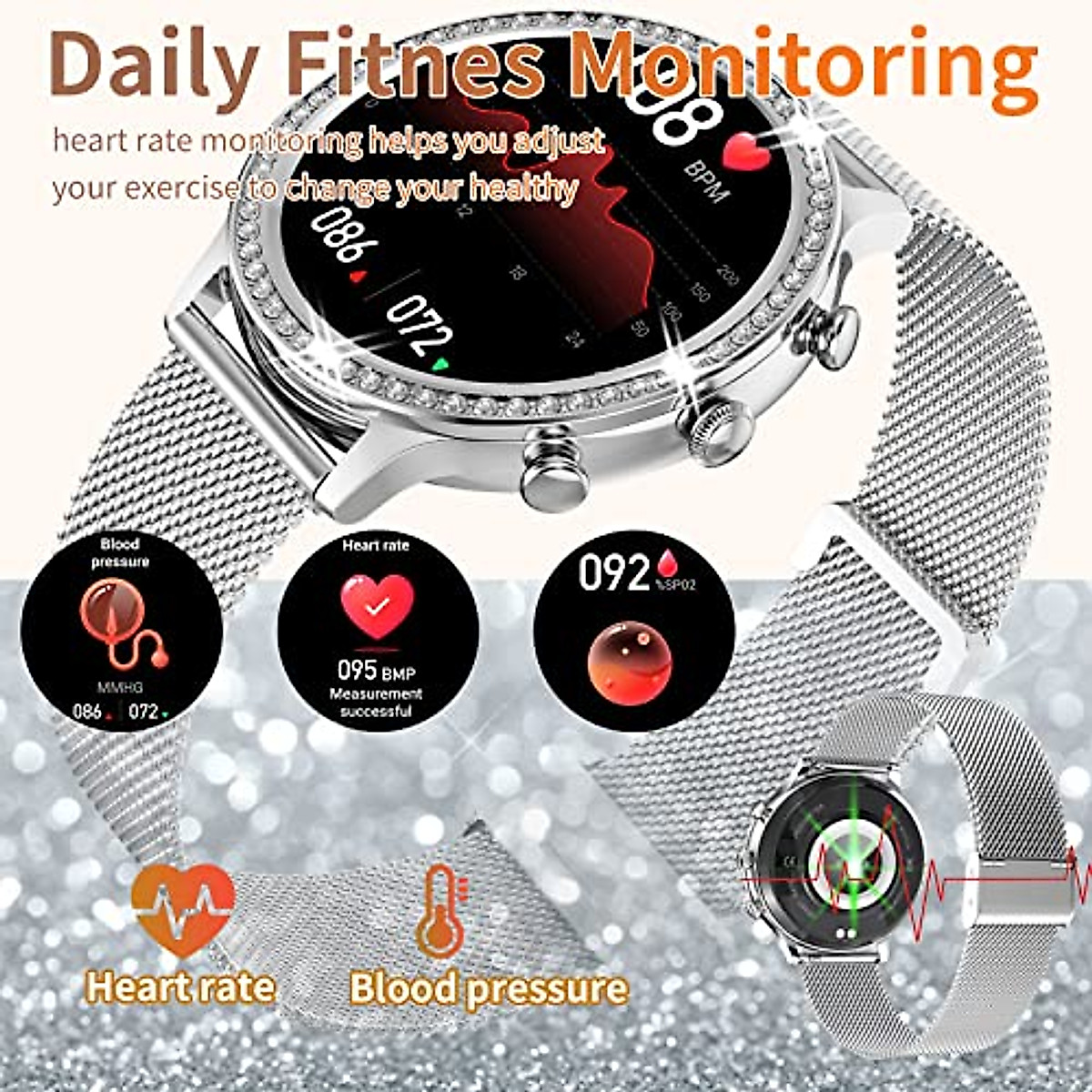 Smart Watch for Women(Call Receive/Dial),Smartwatch for Android iOS Phones,Activity Tracker for Heart Rate/Blood Oxygen/ Sleep Monitor, Bling Diamond Digital Watches with 3 Buttons,AI Voice Control