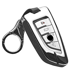 ontto Metal Leather Key Fob Cover with Keychain Key Protector Holder Jacket Skin Keyless Fit for BMW 1 2 5 7 M Series X1 X5 X6 Black