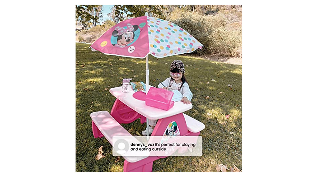 Kids Picnic Table with Umbrella & LEGO-Compat Minnie Mouse Playset