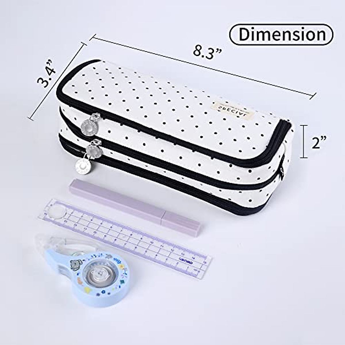 KPALAG canvas 3 layers Pencil Case Pen Pouch Stationery bag Office Organizer makeup bag for Teens Adults Students and office workers (white/dot)