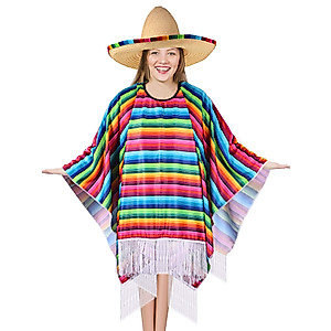 SATINIOR Mexican Serape Poncho Costume Mexican Sombrero with Rainbow Serape Edge and Band (Adult)