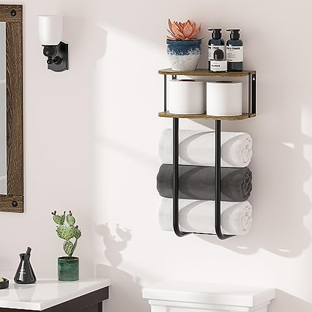 HomeDePal Towel Racks for Bathroom with 2-Tier Wood Shelf, Bathroom Shelves Wall Mounted with Bath Towel Storage, Towel Holder for Bathroom Wall, Floating Shelves Over Toilet, Bathroom Wall Organizer