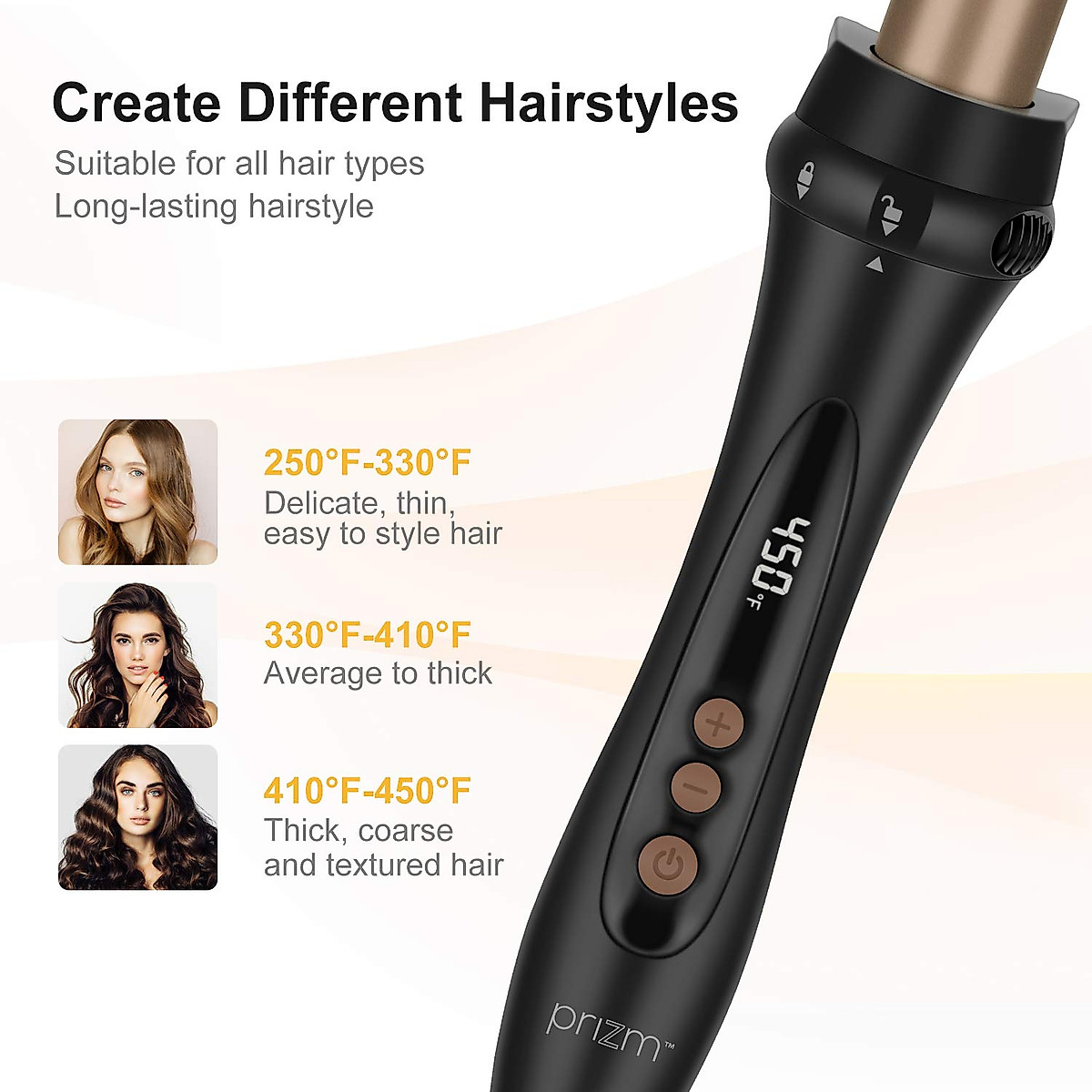 Prizm 5 in 1 clampless Interchange Curling Iron Wand Set, LED Display, 11 Temp Settings, 0.6 to 1.25 Inch Tourmaline Ceramic Barrels, Hair Curler for Wavy/Bang/Ringlet/Spiral with Heat Resistant Glove