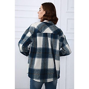 Trendy Queen Womens Casual Plaid Shacket White Button Down Shirt Long Sleeve Shirts Fall Jacket Shackets,Blue
