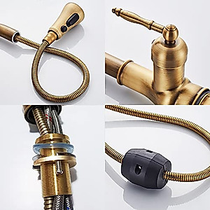 Vintage Brass Antique Bronze Kitchen Faucet Single Hole Copper Mixer Taps with Pull Down Sprayer (Stream,Spray,Powerful aquablade) (3 Functions Sprayer)