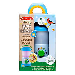 Melissa & Doug Let’s Explore Light & Sound Camping Lantern Play Set, lantern, 3 double-sided cards to set the scene (cards store in bottom of lantern), collectible medallion