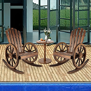 FURNDOOR Wooden Wagon Wheel Rocking Chair Set, 3PCS Outdoor Rocking Bistro Set Rustic Rocker with Coffee Table for Backyard Porch Poolside Lawn