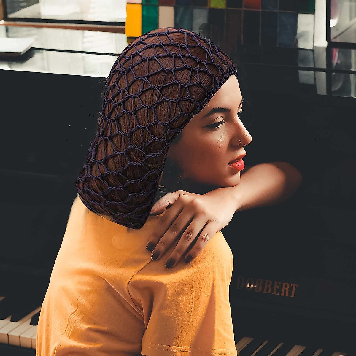 Uyeesi 2 Pcs Mesh Crochet Hair Net Cap Rayon Hair Net Snood Hat Crochet Knit Hair Cap Hairnet Hats Mesh Hair Cover Sleep Cap for Women Sleeping Long Hair Short Hair Curly Hair Black, Blue