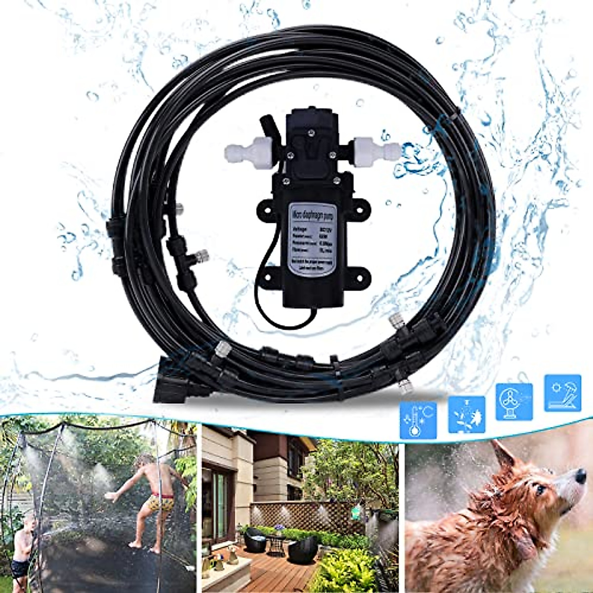 Fogland Pump Misting System: Outdoor Misting System 49ft Misting Cooling System with 16pcs 0.016" Orifice Thread Stainless Steel Misting Nozzle for Patio Garden Backyard