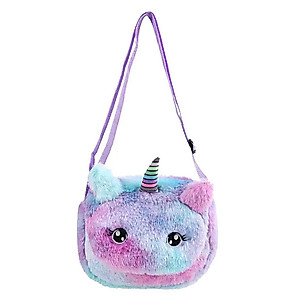 Little Girls Kids Toddler Unicorn Fuzzy Plush Crossbody Purse Rainbow Faux Fur Wallet Handbag