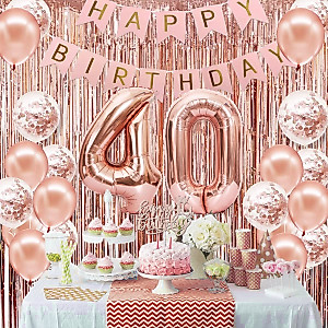 40th Birthday Decorations Women, Happy 40th Birthday Banner, Crown, Sash, Cake Topper And Number Balloon, Rose Gold 40 Birthday Party Decorations For Women
