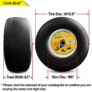 New 13x6.50-6 Flat-Free Heavy Duty Smooth Tire w/Steel Rim for Commercial Lawn Mower Garden Tractor (Deck≤66"), Hub Length 4"-7.1", Bore φ5/8" Grease Oil Infused Bushing, 136506 T161