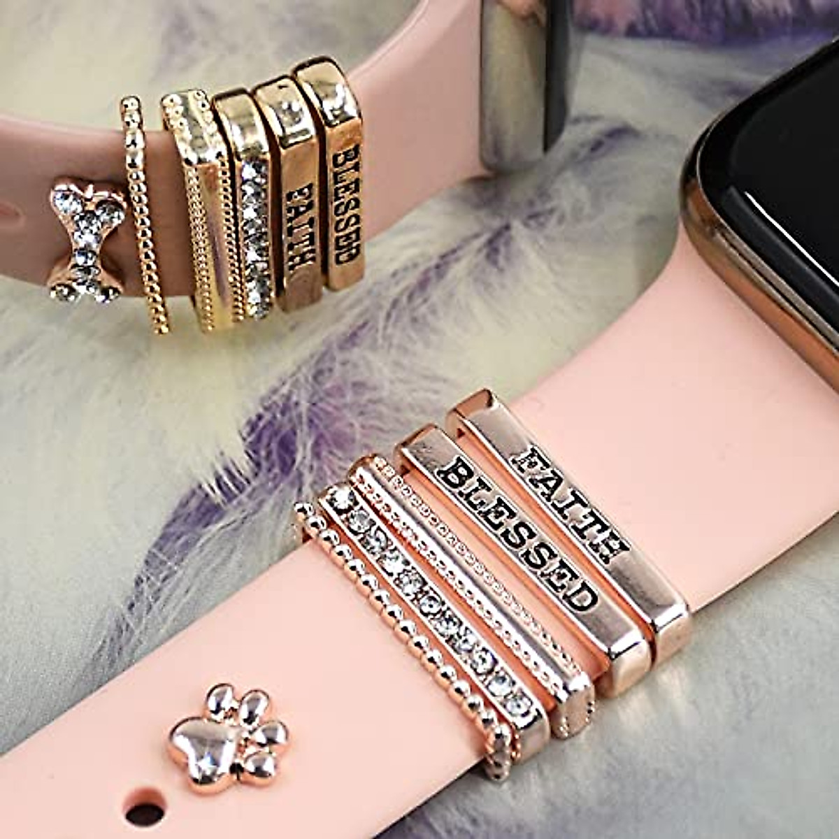 Idealiveny 4pcs Metal-Decorative-Rings-Loops Compatible for Iwatch 38mm 40mm 42mm 44mm Sparkles Jewelry-Accessories-Charms for Watch Band Series 6/5/4/3/2/1 Watch Band Accessories (rose gold)