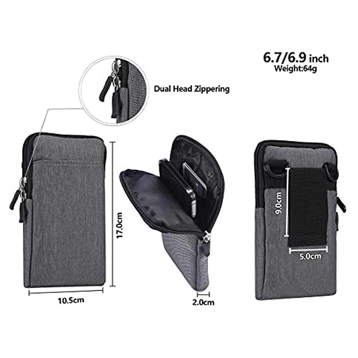 Cell Phone Holster with Belt Loop, Crossbody Cell Phone Purse Women, 7.2" Outdoor Travel Nylon Zipper Cellphone Waist Pouch Shoulder Messenger Bag Smartphone Wallet Pocket with Belt Loop Card Holder