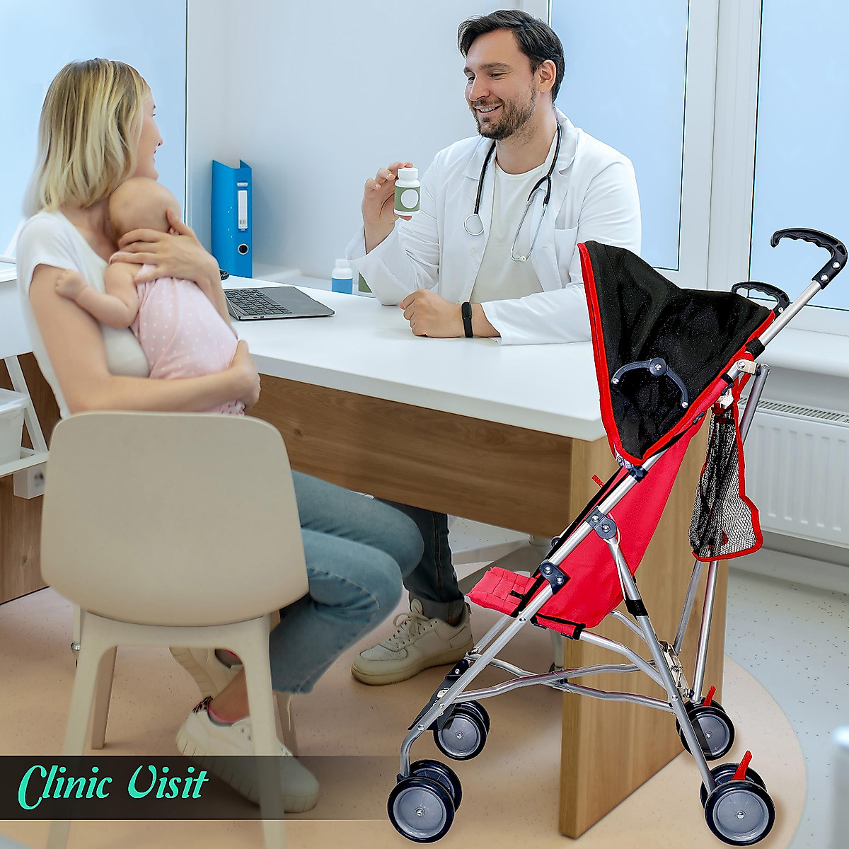 AmorosO Single Umbrella Stroller for Toddler, Travel Stroller for Babies - Sunlight and Light Rain Protection - Baby Stroller with Four EVA Wheels - Travel-Ready Stroller - Round Canopy (Red/Black)