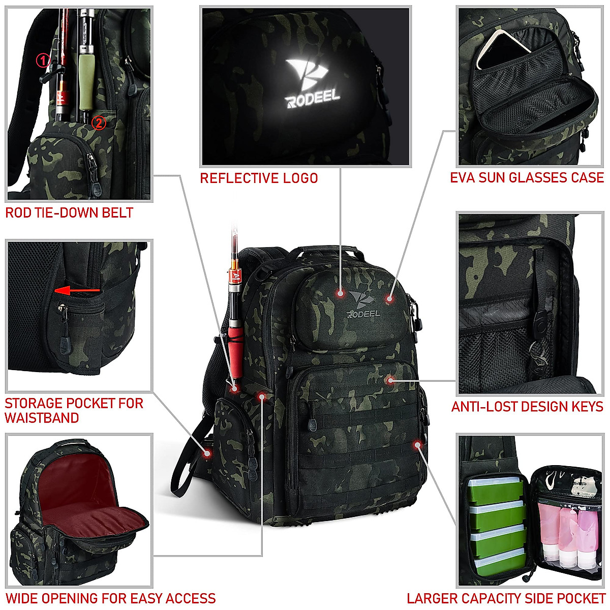 Rodeel Large Storage Backpack Fishing Hiking Tackle Backpack, Saltwater Resistant Fishing Bags