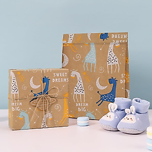 BIOBROWN Wrapping Paper Rolls with Tags and Jute String -Giraffe Designs for Birthday,Holiday, Baby Shower Packing -3 Rolls-17 inch X 10 feet Per Roll