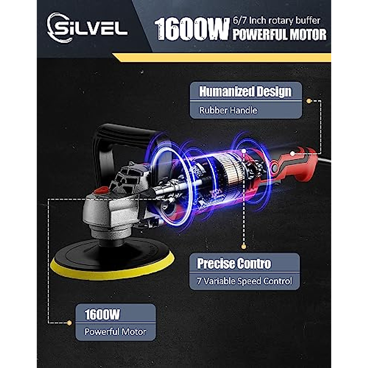 SILVEL Buffer Polisher, 1600W 7 Inch/6 Inch Rotary Car Buffer Polisher Waxer, 7 Variable Speed 1000-3500 RPM, Detachable Handle for Car, Boat Sanding, Polishing, Waxing