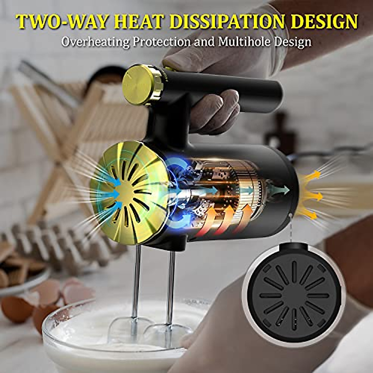Hand Mixer Electric, 500W Power Handheld Mixer with Continuously Variable Speed Control + Eject Button + 5 Stainless Steel Accessories Kitchen Mixer for Easy Whipping, Baking, Cake (Black + Gold)
