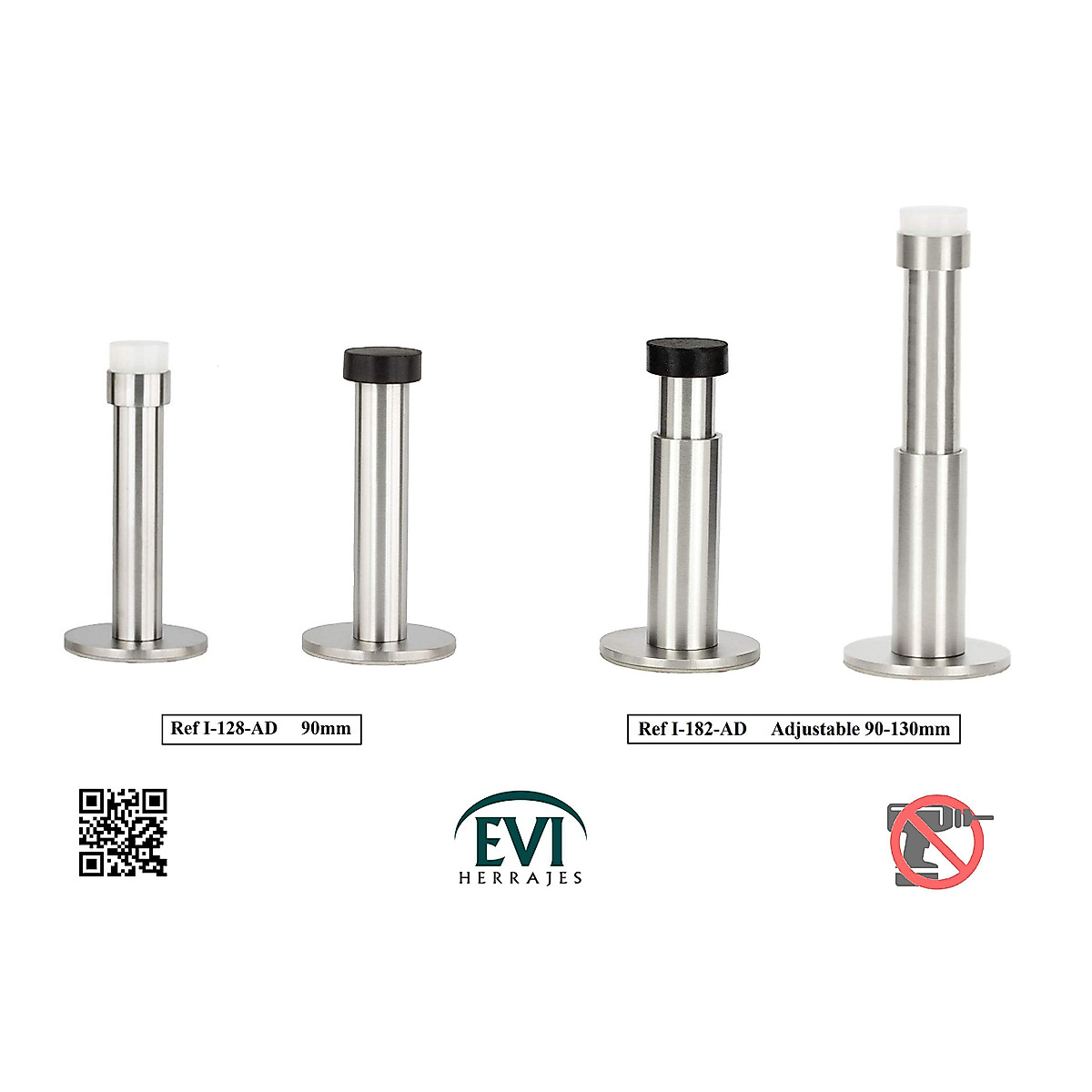 Adhesive Door Stop for Wall Mounting | Length: 3,5" | Stainless Steel | White Rubber | Anti Shock Absorber | 040128ADAM | EVI Hardware