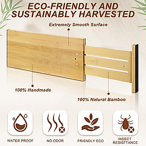 DoubleFill 4 Pcs Deep Bamboo Drawer Dividers, Deep Kitchen Dresser Drawer Organizer with Spring Loaded Adjustable Expandable from 13.5-22 Inch Drawer Separators for Clothes (Wood Color,6 Inch)