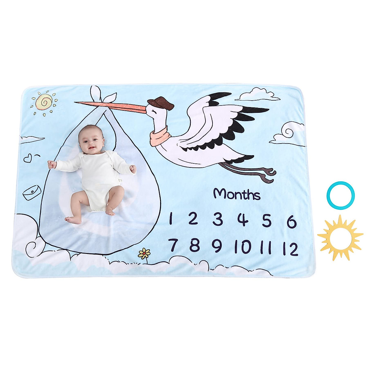 Baby Monthly Milestone Blanket Stork Carrying Baby Newborn Month Flannel Fleece Blanket Neutral Unisex Baby Boy Baby Girl Shower Gifts Double Sided Star 60" L x 40" W