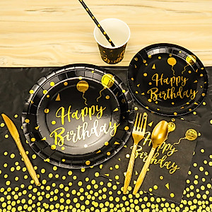 TabreMstr 201 Pieces Gold Disposable Party Dinnerware Set &Golden Dot Birthday Black Paper Plates Napkins Cups, Gold Plastic Forks Knives Spoons (25 Guests)
