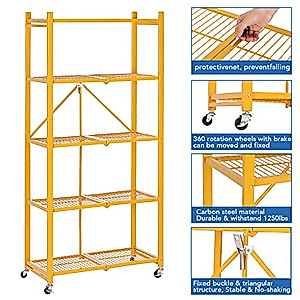 ShanSon Storage Shelves with Wheels 5 Tier Heavy Duty Foldable Metal Rack Storage Shelving Units for Garage Kitchen，Yellow