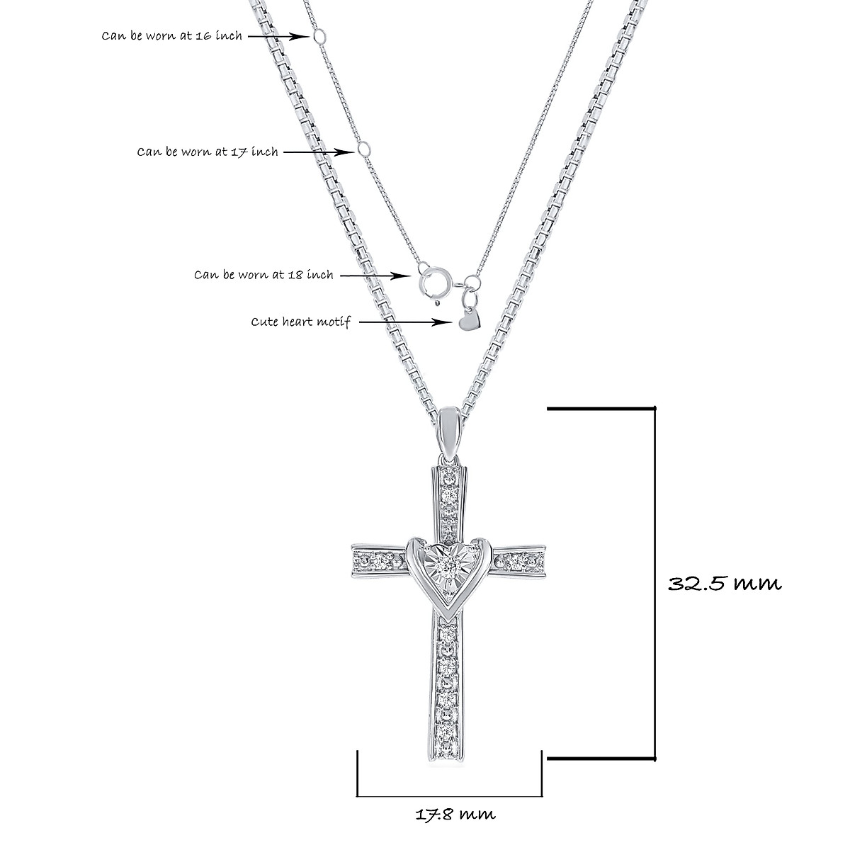 Sterling Silver Cross Heart Necklace for Women | Dainty 1/10 CTTW Lab Grown Diamond Cross pendant Necklace | Ideal Diamond Jewelry Gift for Women