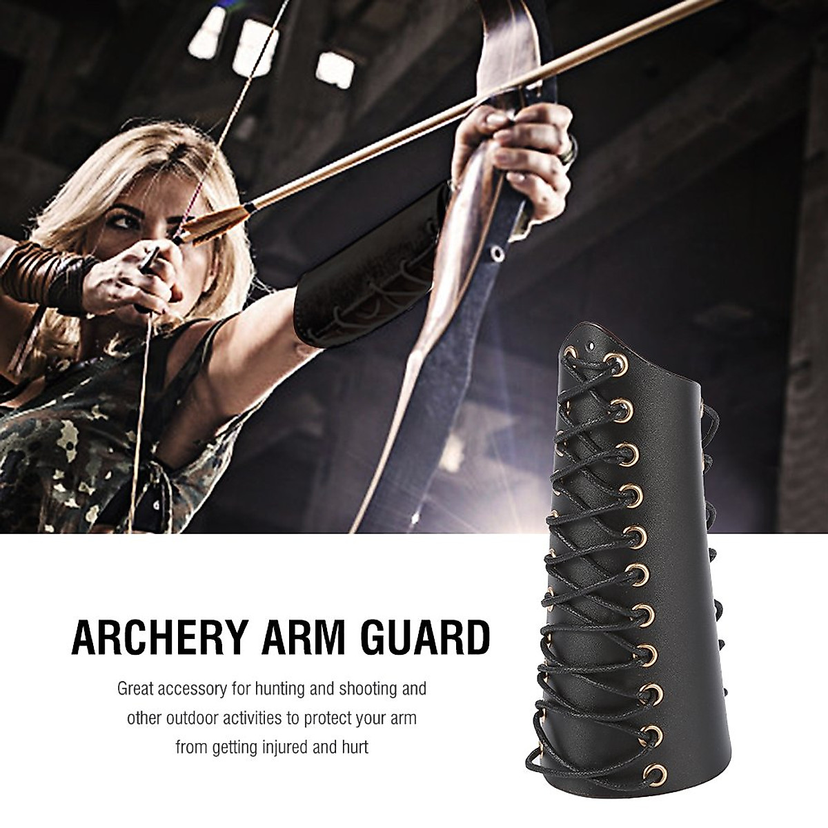 Dioche Archery Arm Guard, 1Pc Protective Bracer Hunting Shooting Lace-up Leather Armguard (Black)