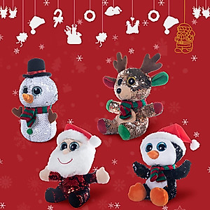 My OLi 7" Plush Christmas Stuffed Animals Flip Sequin Plush Christmas Santa Claus Penguin Snowman Reindeer Plush Toys Pack of 4 Christmas Ornaments for Kids