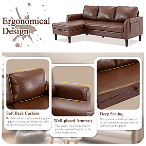 Deolme Pull Out Sleeper Sofa Bed with Storage Chaise Lounge, Modern Sleeper Couch with Side Pocket, Comfy 3 Seat Sofa Couch for Living Room, Bedroom, Home Office (Brown PU)