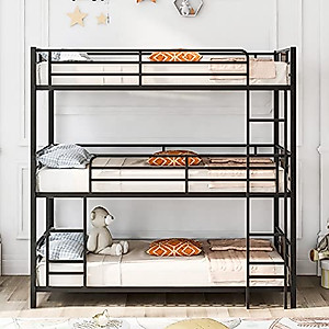Metal Triple Bunk Bed for Kids,Twin-Over-Twin-Over-Twin Bunkbeds with Ladder and Safety Guardrails for Kids/Teen/Adults Bedroom,Divided into 3 Separate Beds,No Box Spring Needed,Brown