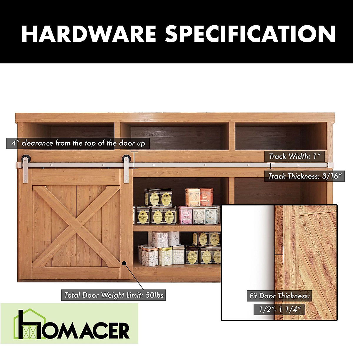 Homacer Mini Brushed Nickel Non-Bypass Sliding Barn Door Hardware Kit, for One/Single Door, 54-inch Long Flat Track, Straight Design Roller, Cabinet TV Stand Console Use…