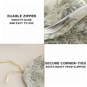 ECOCOTT 3 Pieces Duvet Cover Set with Vintage Green Leaves Pattern 100% Natural Cotton Cozy Simple Style Bedding Set (Queen Size)