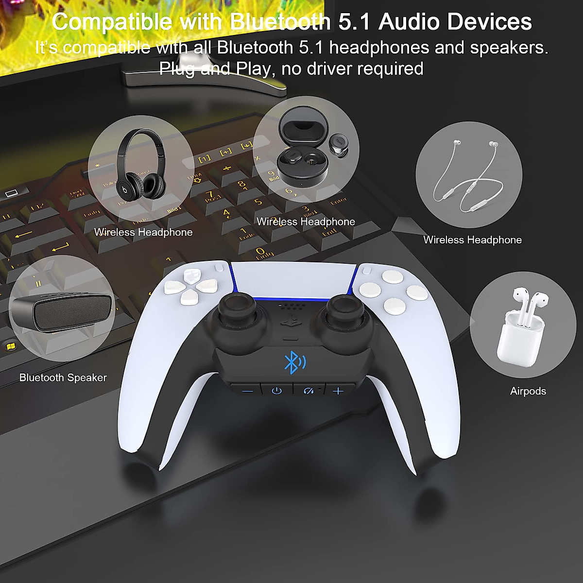 arVin PS5 Controller Bluetooth Adapter for PS5 Accessories, BT 5.1 Wireless Audio Transmitter for PS5 AirPods Sony Bose Earbuds Speakers, Low Latency, One Key Mute, Volume Adjustment, Plug & Play