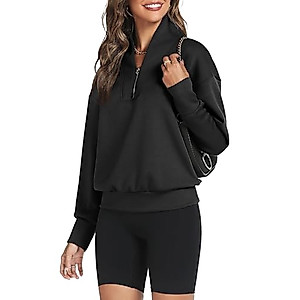 THANTH Half Zip Sweatshirt for Women Baggy Quarter Zip Pullover Hoodies Fall Outfits Cute Y2k Long Sleeve Sweatshirts Black L