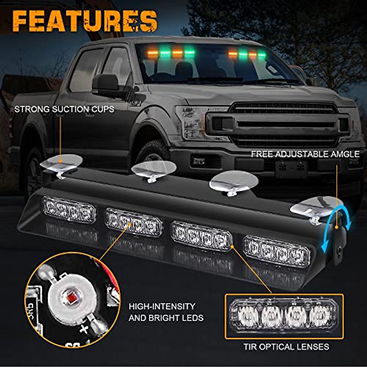 XRIDONSEN Amber Green Emergency Dash Strobe Lights Safety Flashing Warning Hazard Interior Front/Rear Windshield Deck Split Light Bar w/Digital Display Controller for Construction Vehicles Trucks