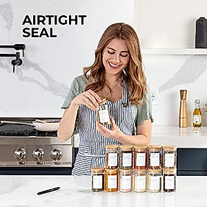 Bloomondo Empty Spice Jars with Label Pack (12x Bamboo Lid Glass Jar). Small 6oz Spice Storage Bottles with 112 Printed Spice Stickers and 48 Writable Pantry Labels for Seasoning Containers