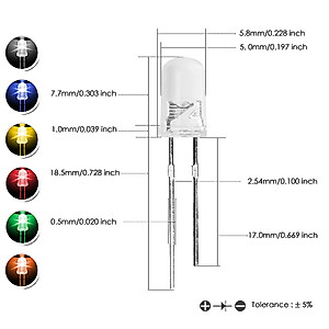 GuuYebe LEDs, Single LED Light 5mm LED Diode Lamp DIY Kit with White Red Green Blue Yellow Orange Diffused Round Lens DC 3V 20mA Mini Bulbs Electronics Components 6 Colors x 10PCS