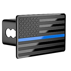 TOEASYTY Blue Line American Flag Metal Trailer Hitch Cover for 2" inch Receivers, Tow Hitch Cover for Trucks Cars SUV (Black with Blue Line)