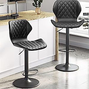 DICTAC Leather Bar Stools Set of 2 Black Adjustable Height Bar Chairs Pair Swivel Barstools Breakfast Bar Stools for Kitchen Island Counter Stool Capacity 400 lbs, Retro Black