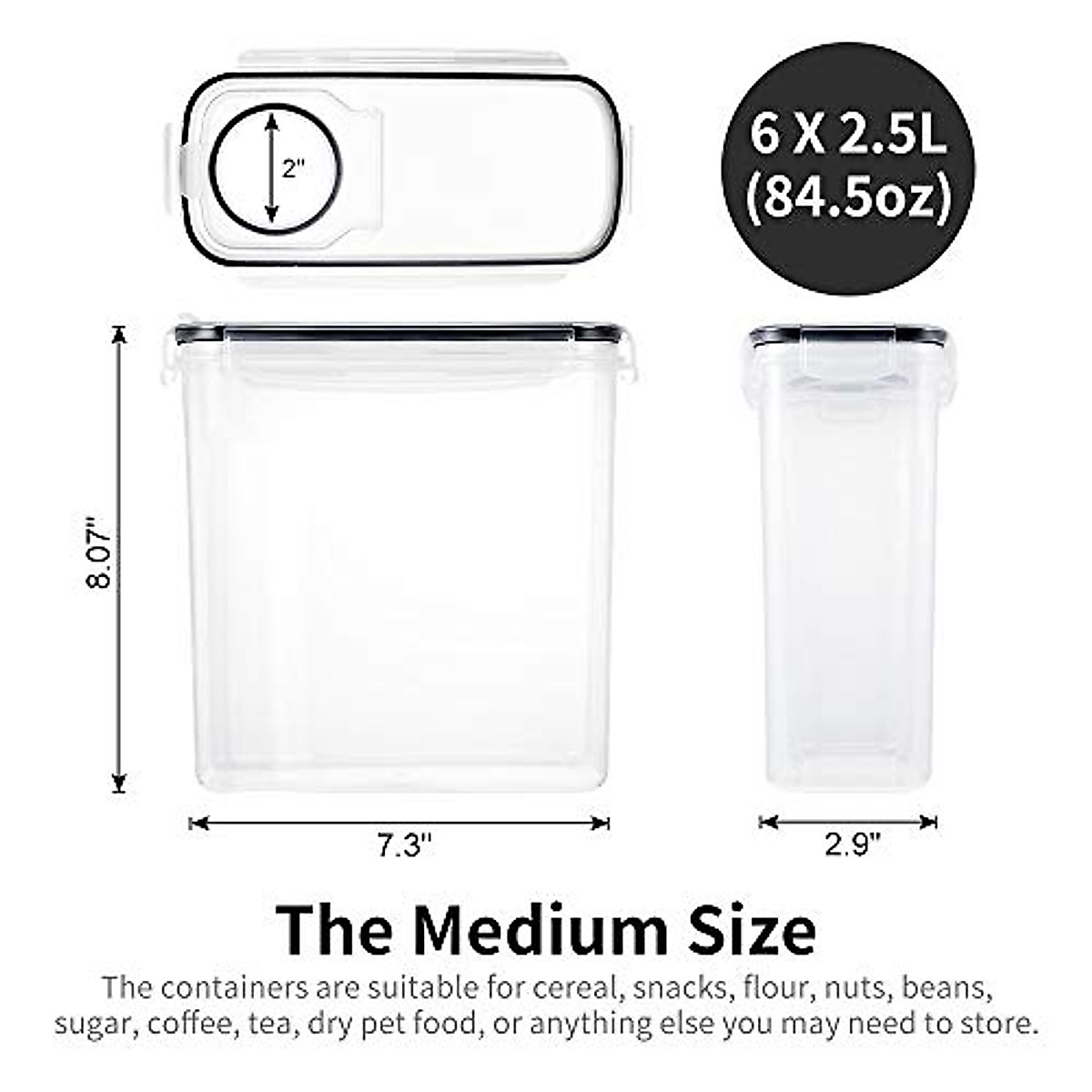 ME.FAN Cereal Storage Containers [6 Set] Airtight Food Storage Containers 2.5L(85.4oz) - Kitchen Storage Keeper with 5 Set Measuring Cups, 24 Chalkboard Labels & Pen (Black)