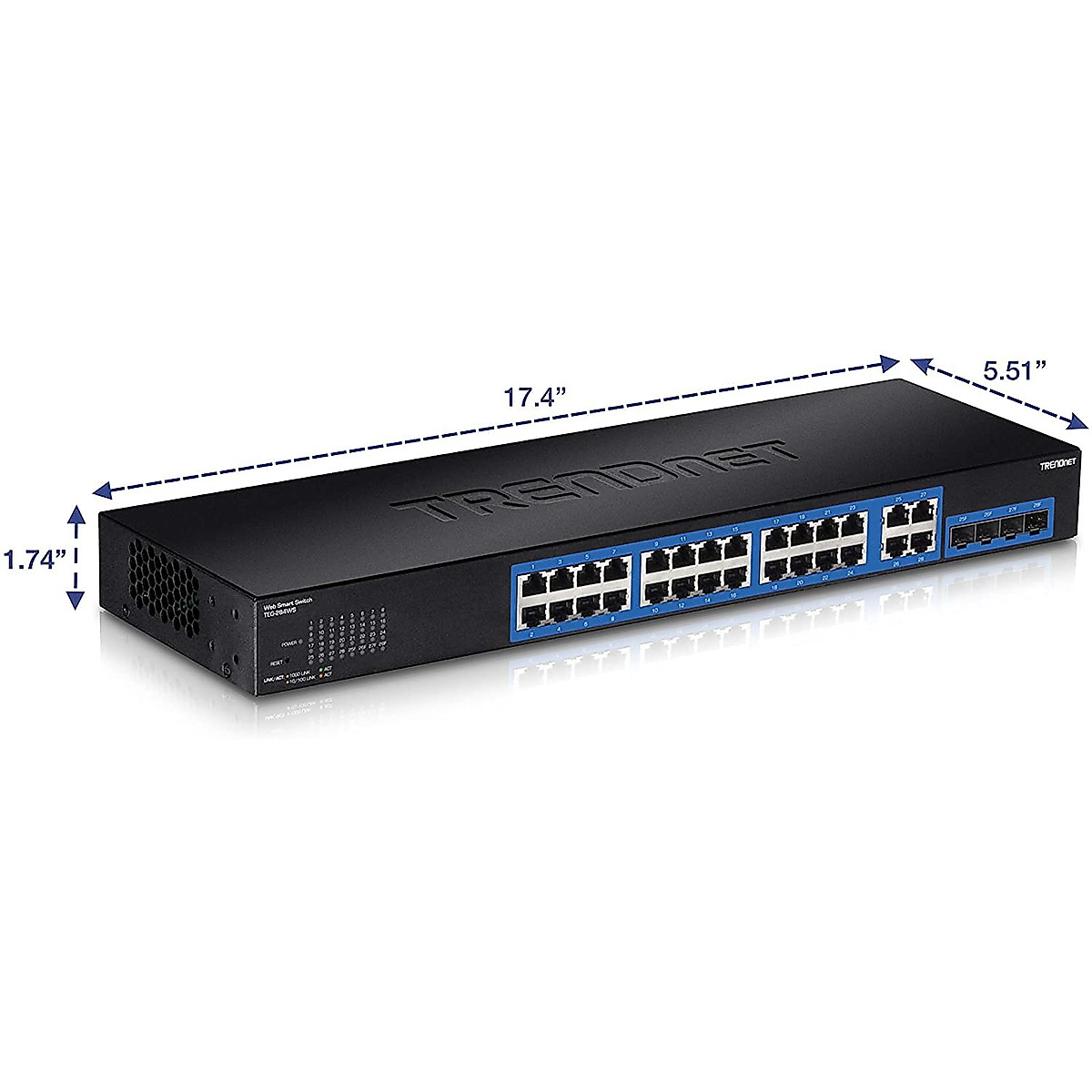 TRENDnet 28-Port Gigabit Web Smart Switch, 24 x Gigabit Ports, 4 x Shared Gigabit Ports (RJ-45/SFP), VLAN, QoS, LACP, IPv6, 56Gbps Switching Capacity, Lifetime Protection, TEG-284WS,Black