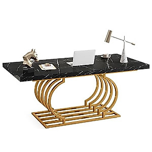 Tribesigns 63" Modern Office Desk, Black and Gold Executive Desk, Large Computer Desk Home Office Desk with Gold Metal Frame, Wood Workstation Study Writing Desk