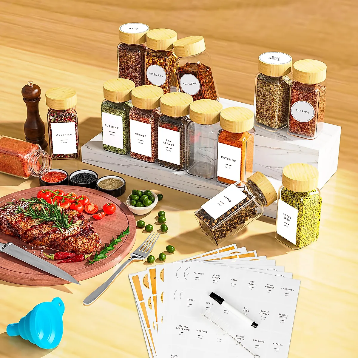 24 Glass Spice Jars with Label, Spice Jar Set with Bamboo Lids 4oz Seasoning Containers Shakers & Spice Labels, Empty Spice Bottles, Kitchen Organization Storage for Cabinet Drawer Decor Essentials